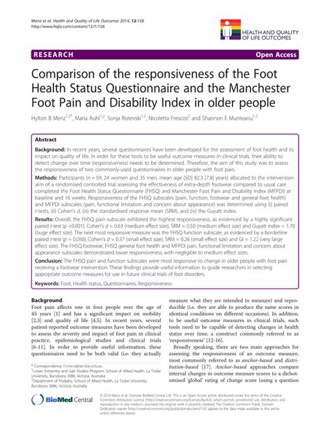 Pdf Comparison Of The Responsiveness Of The Foot Health Status Questionnaire And The