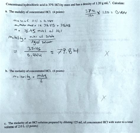 SOLVED Concentrated Hydrochloric Acid Is 37 HCI By Mass And Has A Density Of 1 20 G ML 1