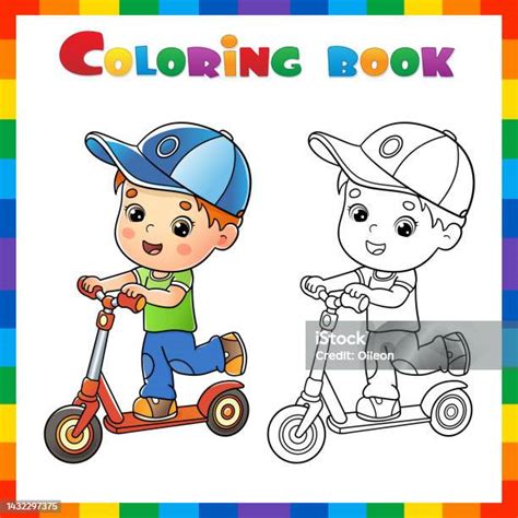 Stock Ilustrace Omalovánky Obrysy Kresleného Chlapce Na Skútru Omalovánka Pro Děti Stáhnout