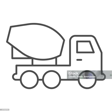 콘크리트 믹서 트럭 얇은 라인 아이콘입니다 무거운 기계 시멘트 믹서기 차량 기호 흰색 배경에 윤곽 스타일 그림 모바일 개념 웹 디자인에 대한 전송 기호 벡터 그래픽 시멘트에