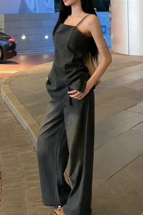 핑크프릴 Set 레트로 워싱 데님 슬릿 나시 탑 와이드팬츠 투피스세트