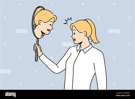Woman Looking In Mirror Thinking Of Different Part Of Self Young Female Consider Aspects Of