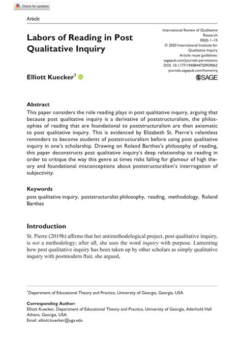 Pdf Labors Of Reading In Post Qualitative Inquiry