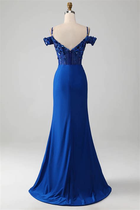 Beaded Royal Blue Corset Prom Dress With Slit Dingji Weddingdress