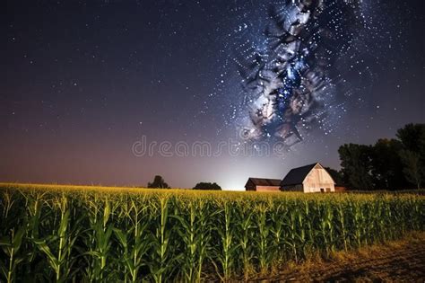 Farm Landscape With Corn Field And Night Sky With Stars Stock