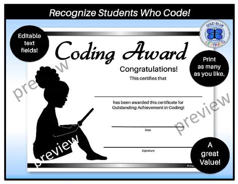 Coding Certificate Fillable Award Girl Programmer By Diazi Blue