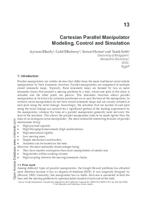 Pdf Cartesian Parallel Manipulator Modeling Control And Simulation