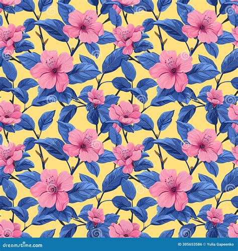 Pink Flower And Blue Leaves Repeat Pattern On Yellow Background Tile Seamless Patten Stock
