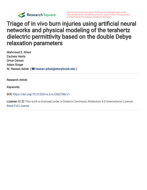 Pdf Triage Of In Vivo Burn Injuries Using Artificial Neural Networks And Physical Modeling Of