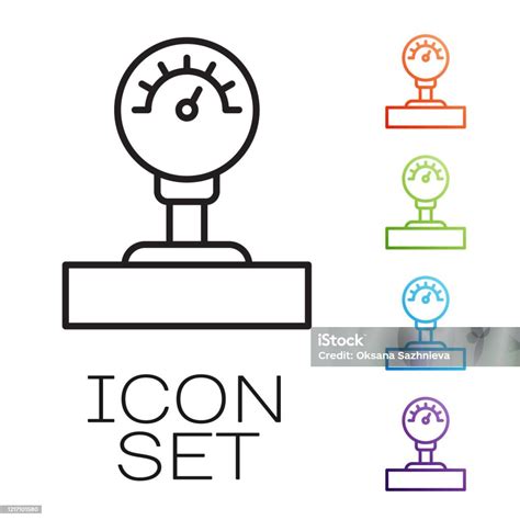 흰색 배경에 격리 된 검은 선 게이지 눈금 아이콘입니다 만족도 온도 기동계 위험 등급 성능 속도 타코미터 다채로운 아이콘을 설정합니다 벡터 일러스트레이션 0명에 대한 스톡