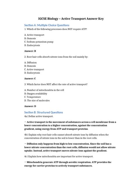 Igcse Active Transport Answers Pdf Adenosine Triphosphate
