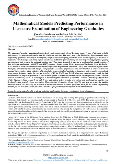 Pdf Mathematical Models Predicting Performance In Licensure Examination Of Engineering Graduates