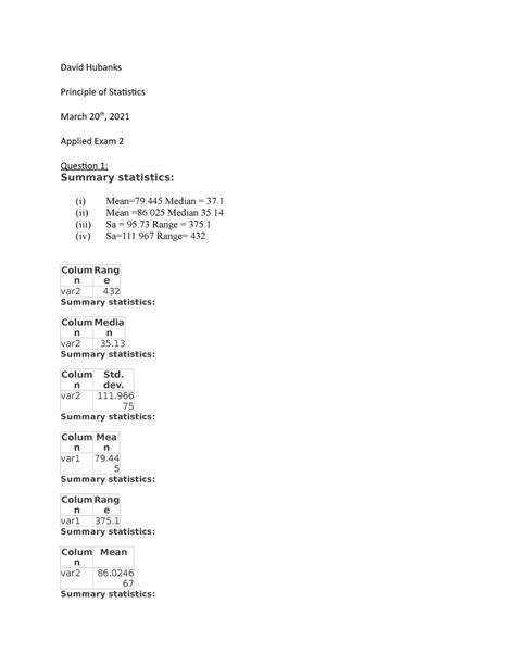 Applied Exam 2 Stat Exam David Hubanks Principle Of Statistics