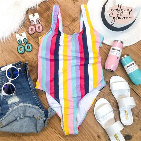 Multicolor Striped One Piece Swimsuit Giddy Up Glamour Boutique