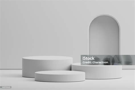 3d 렌더링은 아크 벽 배경이 있는 최소한의 흰색 테마 실린더 연단 제품 디스플레이입니다 3d 모형 그림 3차원 형태에 대한