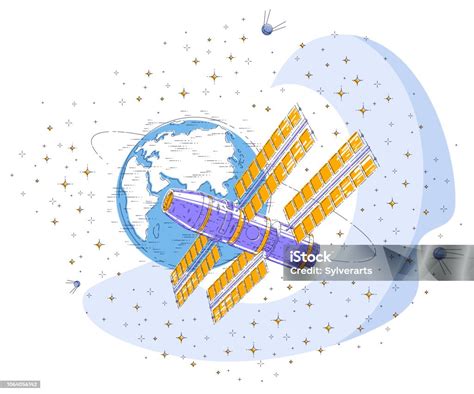 지구 태양 전지 우주선 우주선이 Iss 인공 위성 별과 다른 요소에 의해 둘러싸인 주변 궤도 비행을 비행 하는 우주 정거장 얇은 선 3d 벡터 일러스트입니다 경외감에 대한