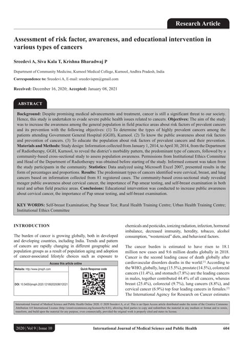 Pdf Assessment Of Risk Factor Awareness And Educational Intervention In Various Types Of Cancers