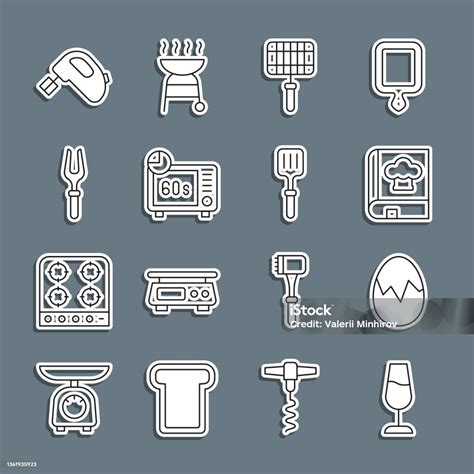 세트 라인 와인 유리 깨진 계란 요리 책 바베큐 강철 그리드 전자 레인지 포크 전기 믹서 및 주걱 아이콘 벡터 가열장치에 대한 스톡 벡터 아트 및 기타 이미지 Istock