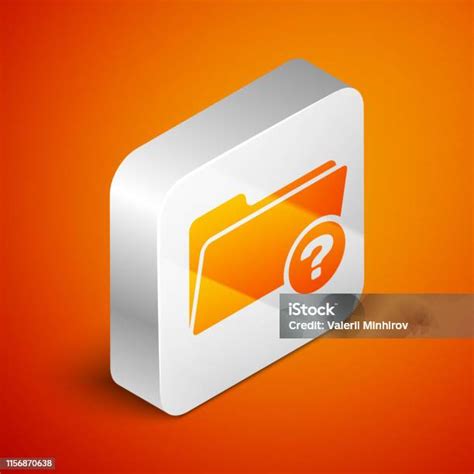 주황색 배경에서 격리된 등각칭 알 수 없는 디렉터리 아이콘입니다 돋보기 및 폴더 실버 스퀘어 버튼 벡터 일러스트레이션 가상현실에 대한 스톡 벡터 아트 및 기타 이미지