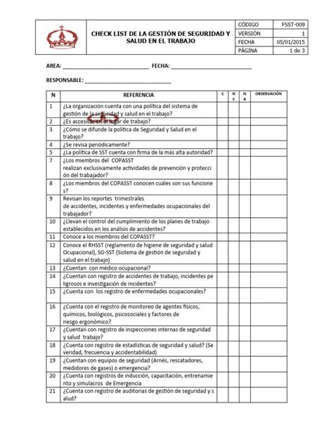 Fsst 009 Check List De La Gestión De Seguridad Y Salud En El Trabajo Pdf