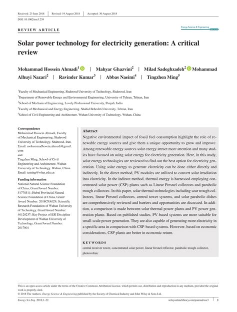 PDF Solar Power Technology For Electricity Generation A Critical Review