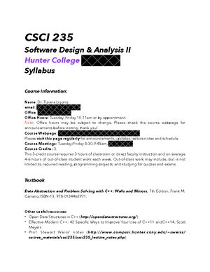 CSCI 235 Syllabus Spring 2023 1 3 CSCI 235 Software Design Analysis II Hunter College Studocu
