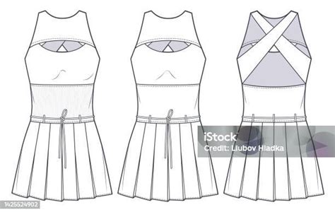 주름진 저지 드레스 기술 패션 일러스트레이션 미니 드레스 패션 플랫 드로잉 템플릿 주름진 탄성 허리띠 벨트 컷 아웃 전면 후면
