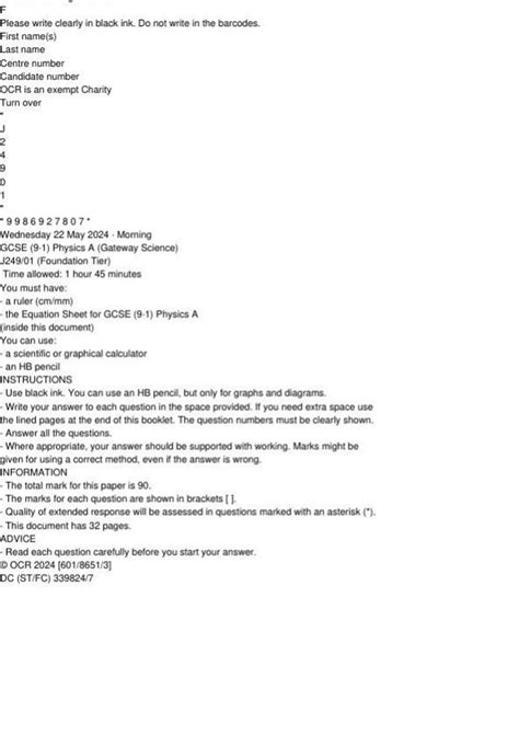 Ocr Gcse Physics A Paper 1 Foundation Tier Question Paper June 2024 Gateway J249 01 Ocr