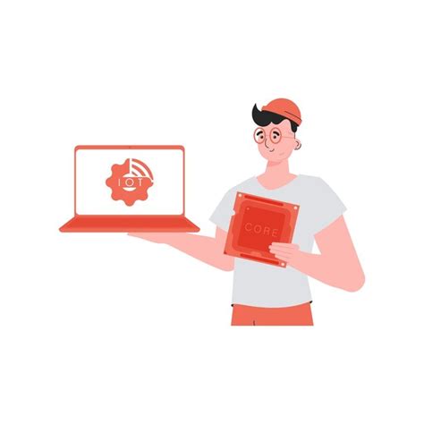 Premium Vector A Man Holds A Laptop And A Processor Chip In His Hands Internet Of Things And