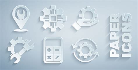 계산기 설정 손에 설정 렌치 스패너 기어 워크 플로플로로 기어 화살표 렌치 아이콘과 프로세서와 위치 벡터 3차원 형태에 대한