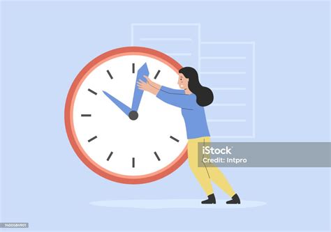 사업 계획의 개념 마감 기한 준수 시간 관리 소진 스트레스를받는 비즈니스 여성은 거대한 시계 근처에 서서 시간을 멈추려고합니다 만화 플랫 스타일 벡터 일러스트 레이 션 걱정