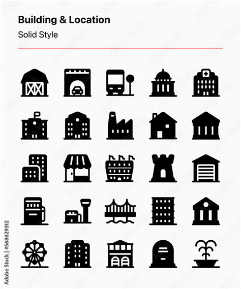 Customizable Set Of Building And Location Icons Consisting Of Common Public Places And Locations