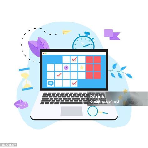 마크 작업 및 메모가 있는 온라인 캘린더 시간 관리의 개념입니다 비즈니스 아이콘 개념에 대한 스톡 벡터 아트 및 기타 이미지