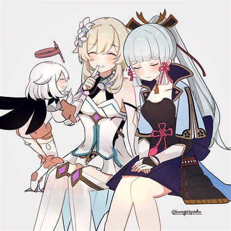 Lumine Kamisato Ayaka And Paimon Genshin Impact Drawn By Kuromu Shado Danbooru