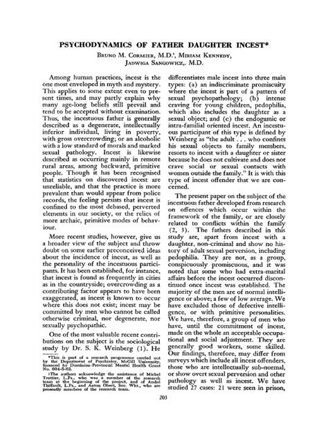 Psychodynamics Of Father Daughter Incest Bruno M Cormier Md
