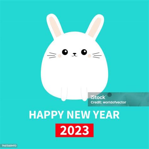 2023년 새해 복 많이 받으세요 토끼의 해 흰색 토끼 아이콘입니다 재미 있은 머리 얼굴 귀여운 카와이 만화 라운드 캐릭터 아기 인사말 카드입니다 파란색 배경입니다 플랫