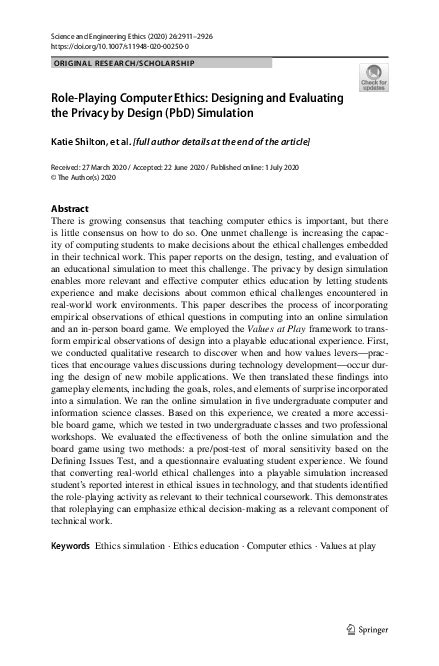 Pdf Role Playing Computer Ethics Designing And Evaluating The Privacy By Design Pbd Simulation