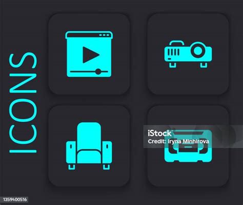 Vhs 비디오 카세트 테이프 온라인 플레이 영화 영화 미디어 프로젝터 및 시네마 의자 아이콘을 설정합니다 검은 색 사각형 버튼 벡터 0명에 대한 스톡 벡터 아트 및 기타