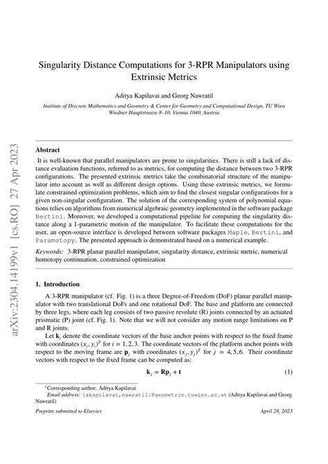 Pdf Singularity Distance Computations For 3 Rpr Manipulators Using Extrinsic Metrics