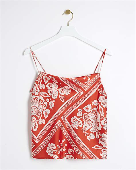 Red Satin Cowl Neck Scarf Print Cami River Island