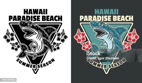 하와이 파라다이스 비치 벡터 빈티지 엠블럼 레이블 배지 또는 상어 로고 흰색에 검은색과 어두운 배경에 화려한 두 가지 스타일의