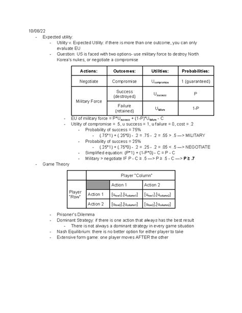 10 6 22 Recitation Notes Expected Utility And Simple Form Game Theory