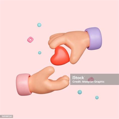 3d 만화 손은 클리핑 패스가 있는 분홍색 배경에 고립된 다른 사람에게 빨간 하트를 줍니다 소셜 미디어 개념입니다 3d 렌더링 일러스트레이션 3차원 형태에 대한 스톡 사진