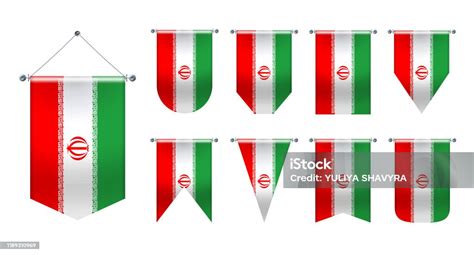 이란의 깃발을 매달려 3d 현실적인 페넌트 여행 스포츠 광고 간판 웹 사이트 수상 업적 축제 카니발을위한 국가의 국기를 설정 수직 템플릿 디자인 3차원 형태에 대한 스톡
