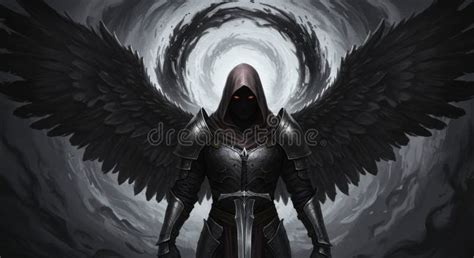Dark Angel Warrior With Black Wings Sword And Hooded Armor Stock