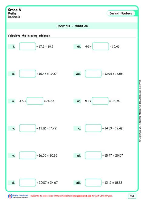 Worksheet Grade 6 Math Decimals Addition Free Math Worksheets Decimals Addition Addition