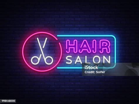 헤어 살롱 네온 사인 벡터 Hairdress 디자인 서식 파일 네온 사인 라이트 배너 네온 간판 광고 밝은 야간 라이트 비문 벡터 일러스트 레이 션 네온에 대한 스톡 벡터