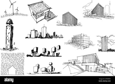 Many Hand Drawn Architectectural Sketches Of A Modern Abstract