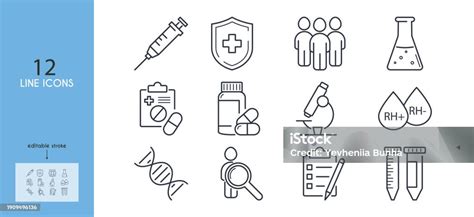 임상 연구 시험 라인 아이콘 세트 비교 그룹 테스트 사람 주사기 알약 현미경 시험관 Dna 테스트 처방전 Rh 인자 혈액 벡터 그림 윤곽선 노래 편집 가능한 획 건강관리와