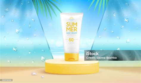 3d 무대와 자외선 차단제 크림이 있는 여름 해변 배경 화려한 여름 풍경입니다 벡터 그림 3차원 형태에 대한 스톡 벡터 아트 및